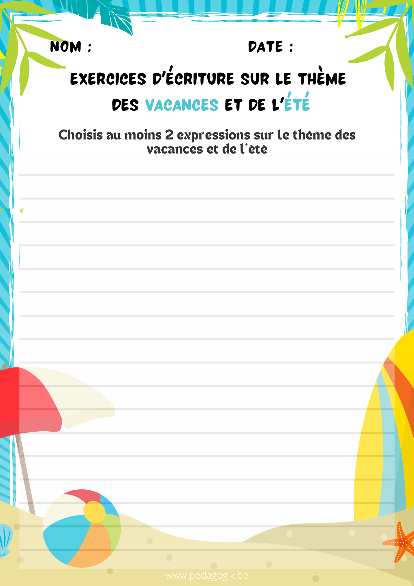 Fiche d'écriture : Les vacances - Des outils 100% gratuits pour ...