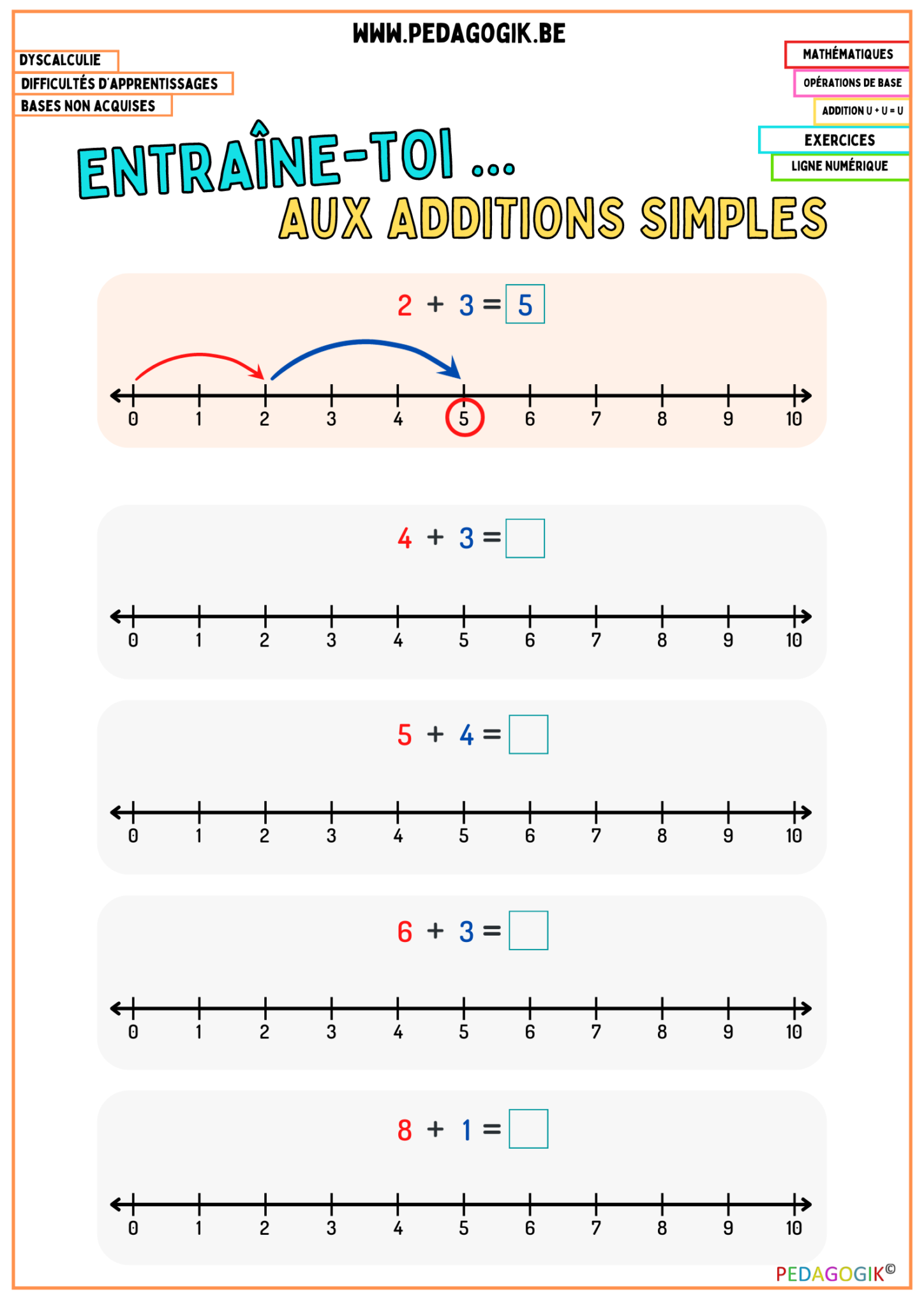 Exercices d'additions simples U + U = U sur ligne numérique - Des ...