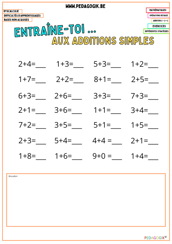 Exercices d'addition simples U + U = U avec une zone de brouillon - Des ...